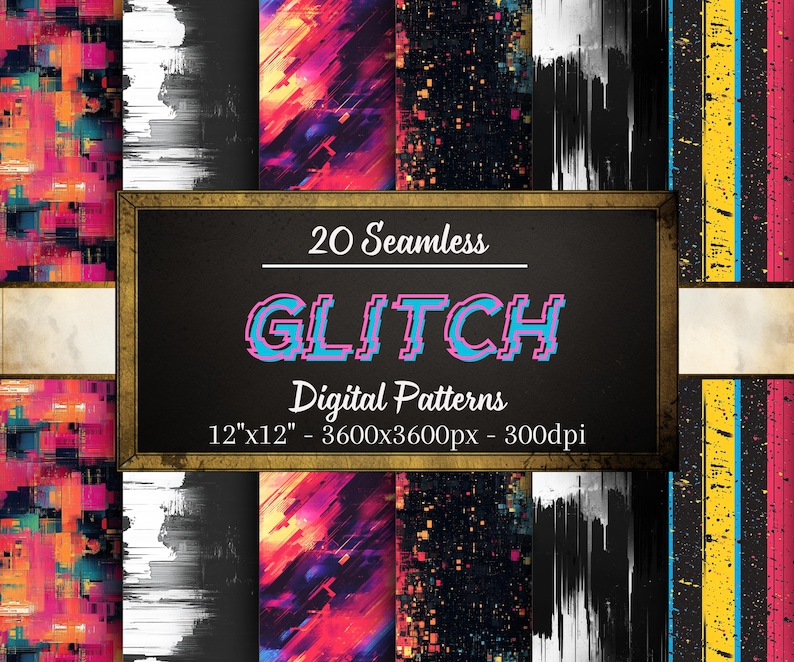 Glitch Seamless Patterns, 20 Static and Glitch Effect Digital Papers ...