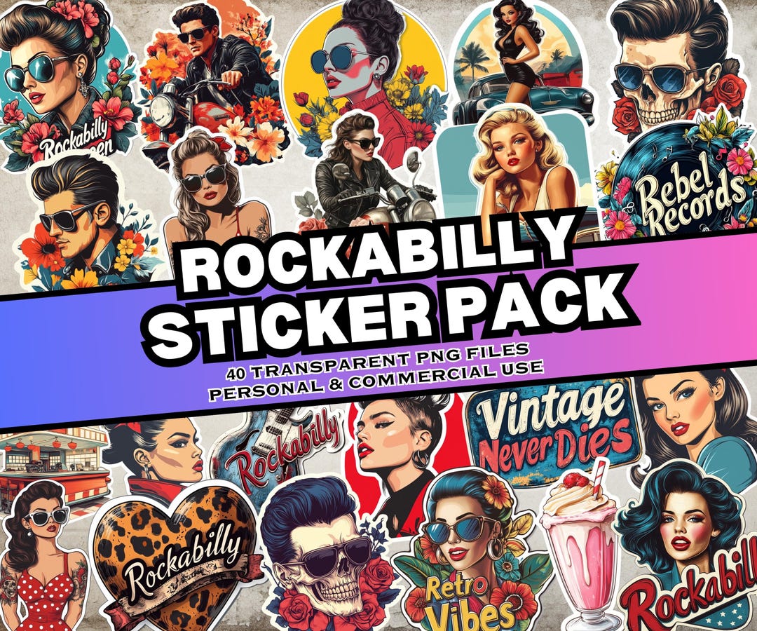 Rockabilly Sticker Pack, 40 Vintage Rockabilly Digital Stickers, PNG ...