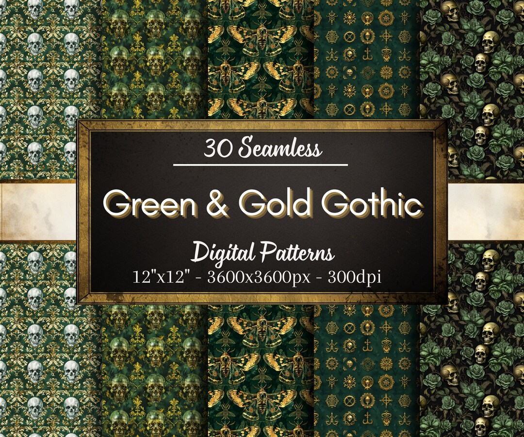 Green and Gold Gothic Patterns, 30 Gothic Seamless Digital Papers ...