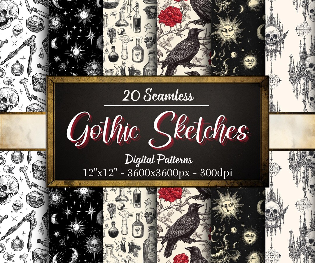 Gothic Sketches Seamless Digital Papers – 20 Hand-drawn Art Style ...
