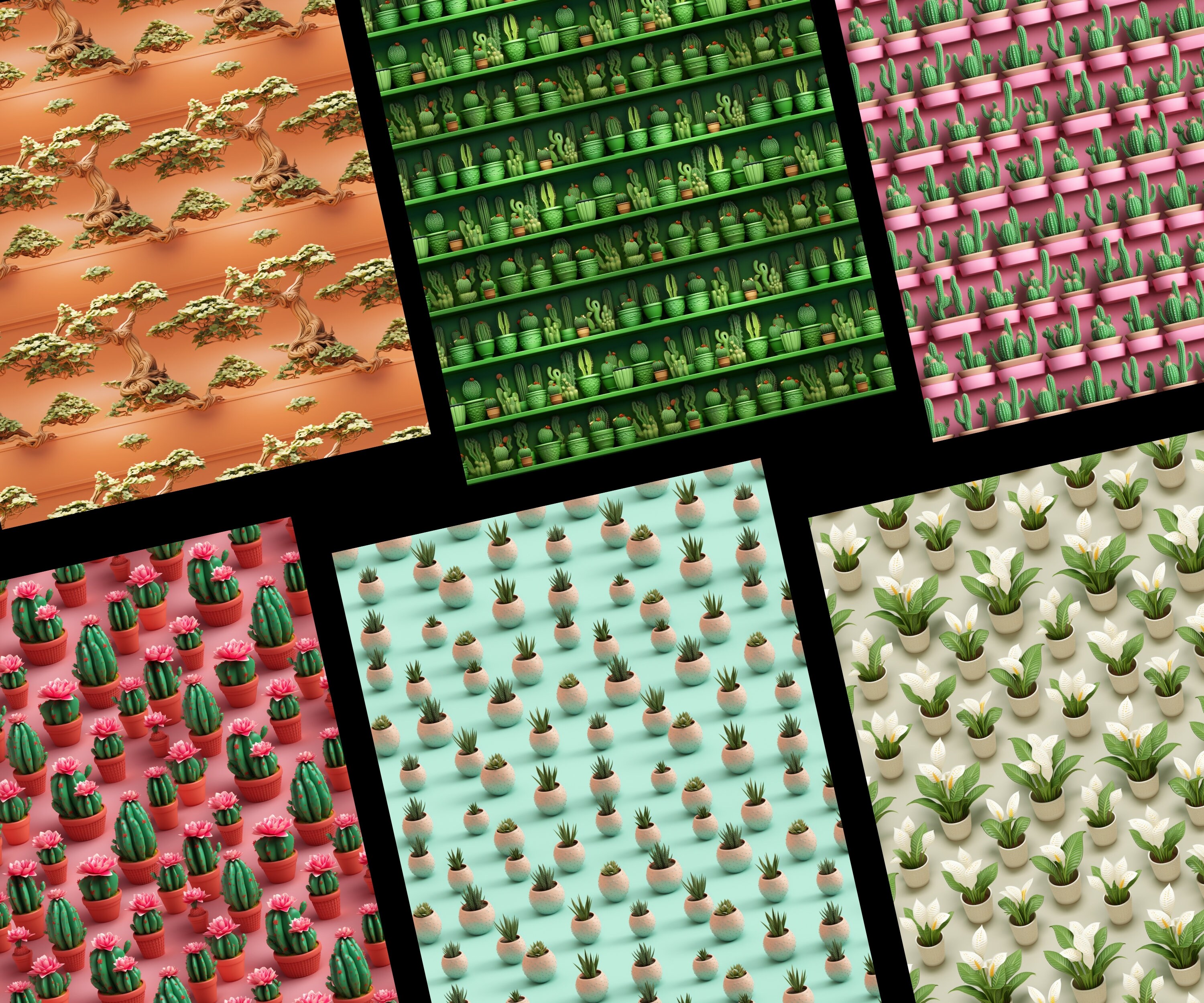 3D Plants Patterns, 20 Potted Plants Seamless Digital Papers, Instant ...