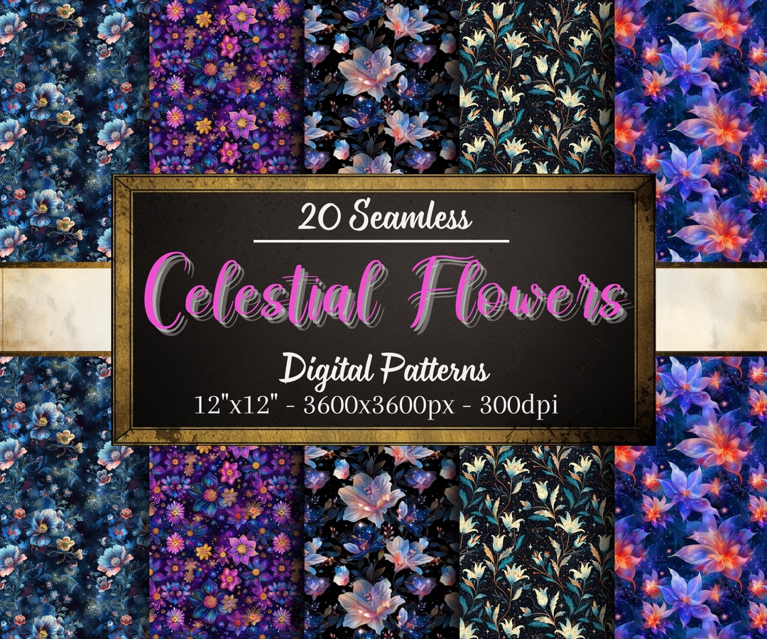 Celestial Flowers Patterns, 20 Floral Seamless Digital Papers, Instant ...