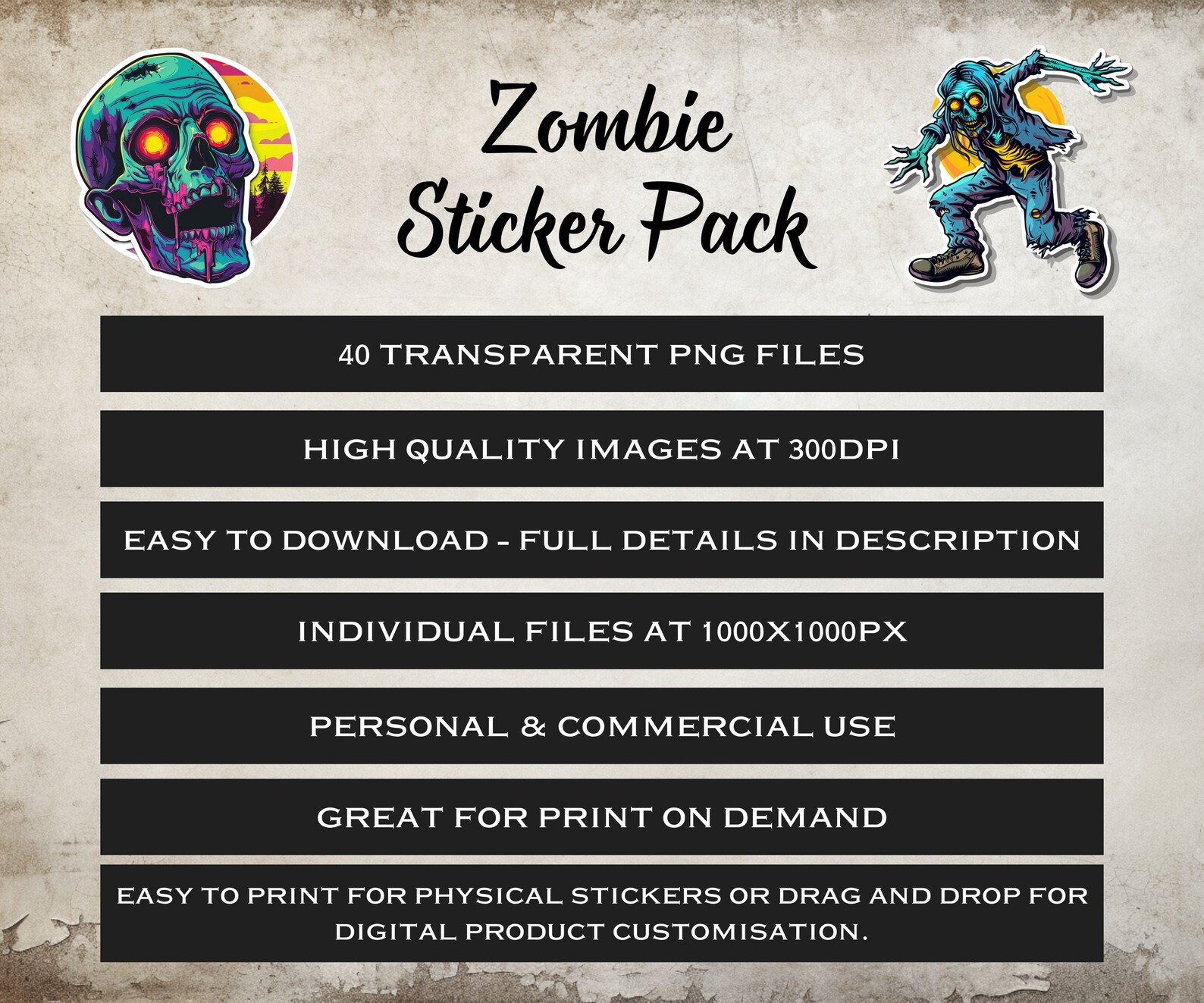 Zombies Sticker Pack, 40 Zombie Themed Digital Stickers, PNG Files ...