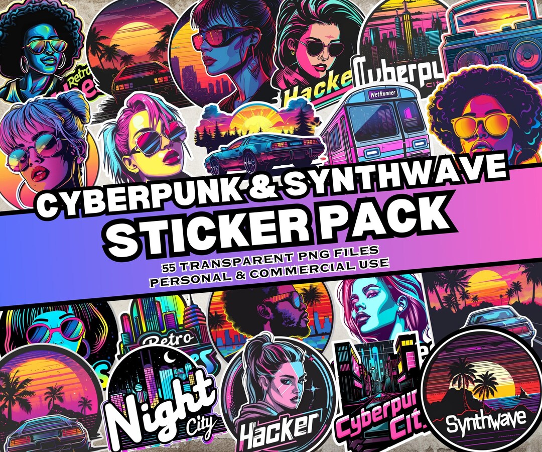 Cyberpunk and Synthwave Sticker Pack, 55 Digital Stickers, Transparent ...
