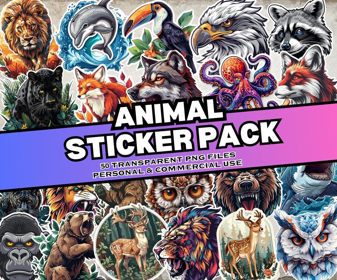 Animal Sticker Pack, 50 High Quality Animal Stickers, PNG Files ...