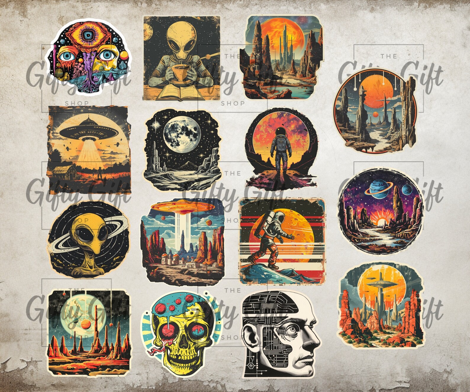 Vintage Sci-fi Sticker Pack, 45 Science Fiction Digital Stickers, PNG ...