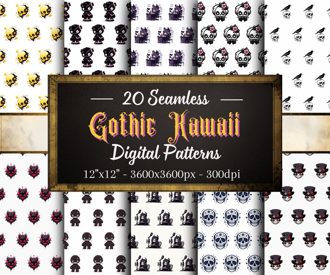 Gothic Kawaii Patterns, 20 Kawaii Doodle Art Seamless Digital Papers ...