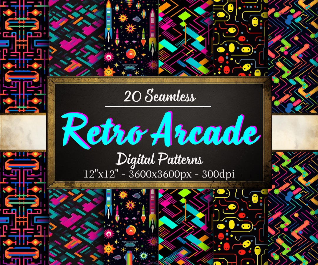 Retro Arcade Patterns, 20 Seamless Digital Papers, Classic Arcade ...