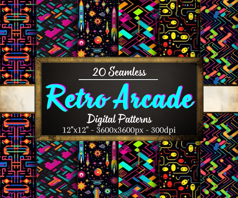Retro Arcade Patterns, 20 Seamless Digital Papers, Classic Arcade ...