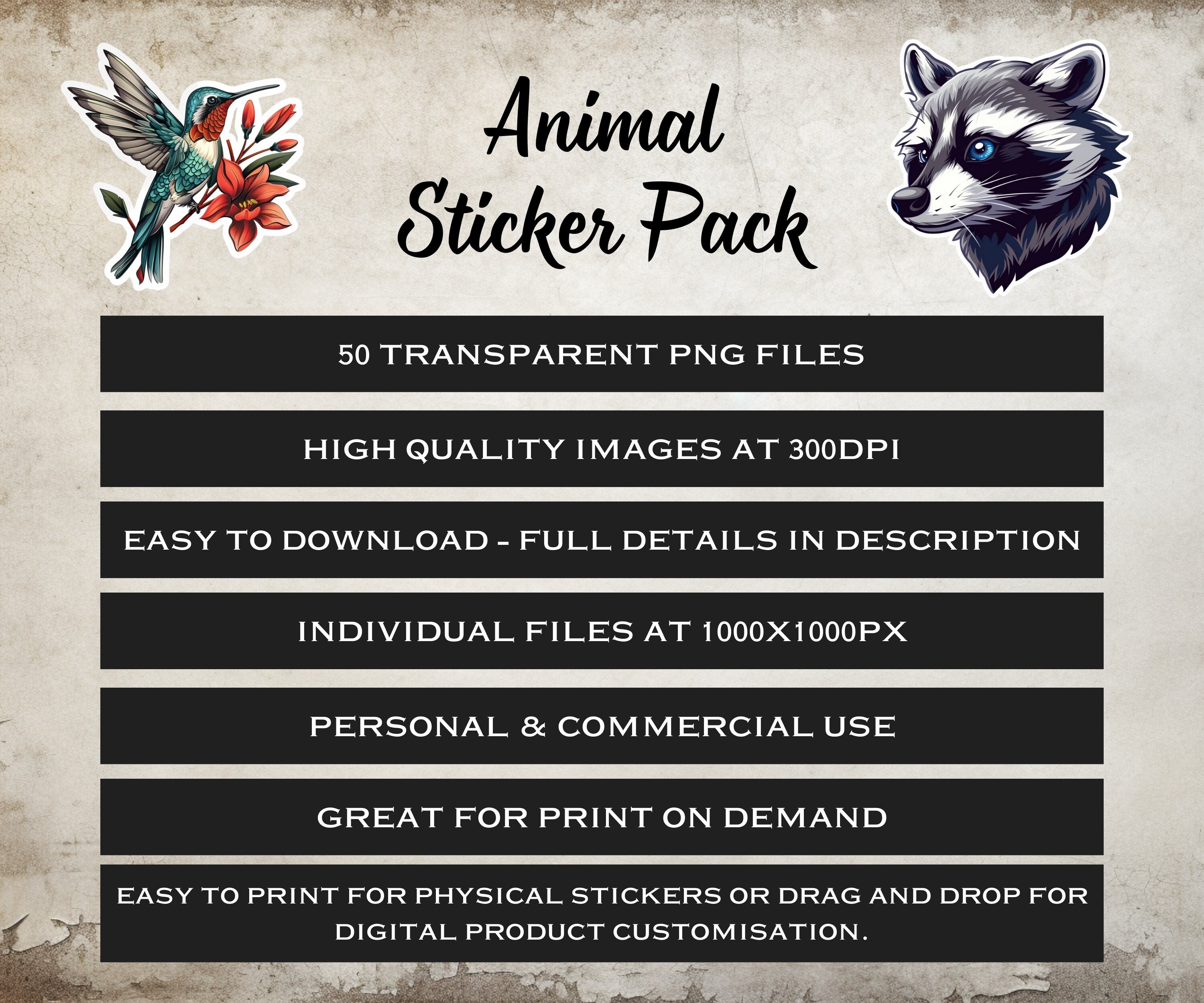 Animal Sticker Pack, 50 High Quality Animal Stickers, PNG Files ...