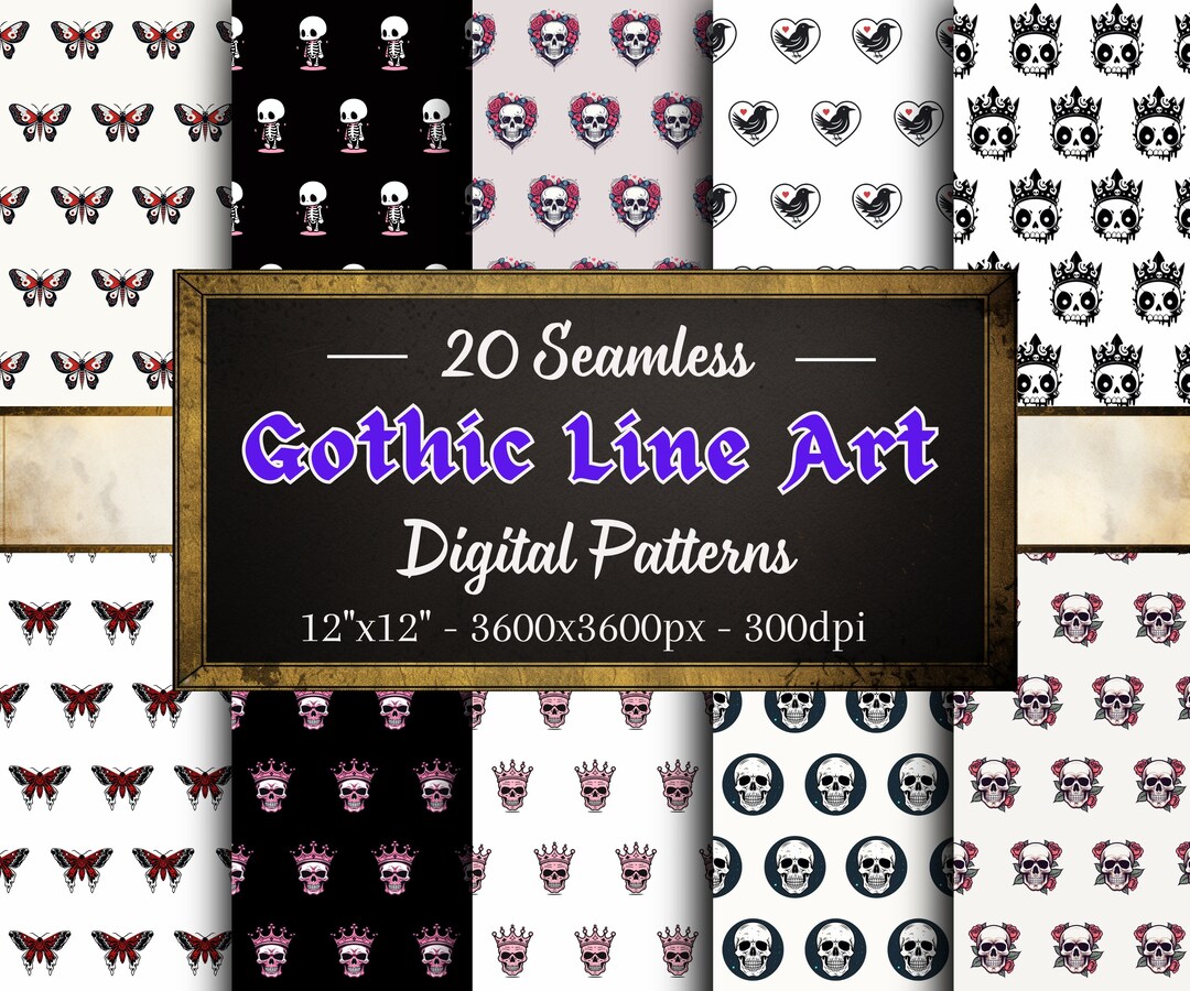 Gothic Line Art Patterns, 20 Fun Gothic Themed Seamless Digital Paper ...