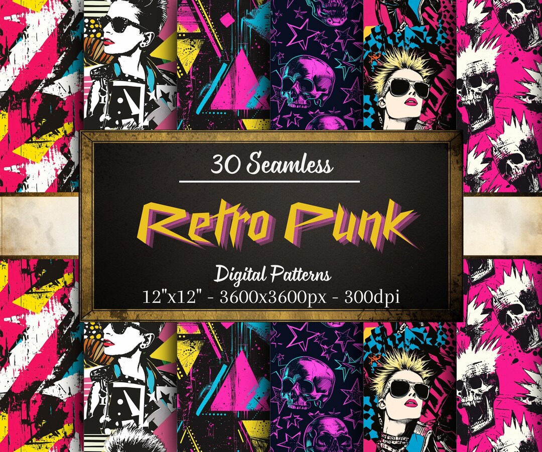 Retro Punk Seamless Digital Papers – 30 Grungy Backgrounds, Instant ...