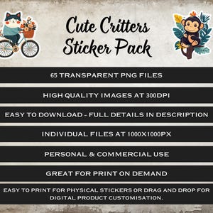Cute Critters Sticker Pack, 65 Cartoon Animals Digital Stickers, PNG ...