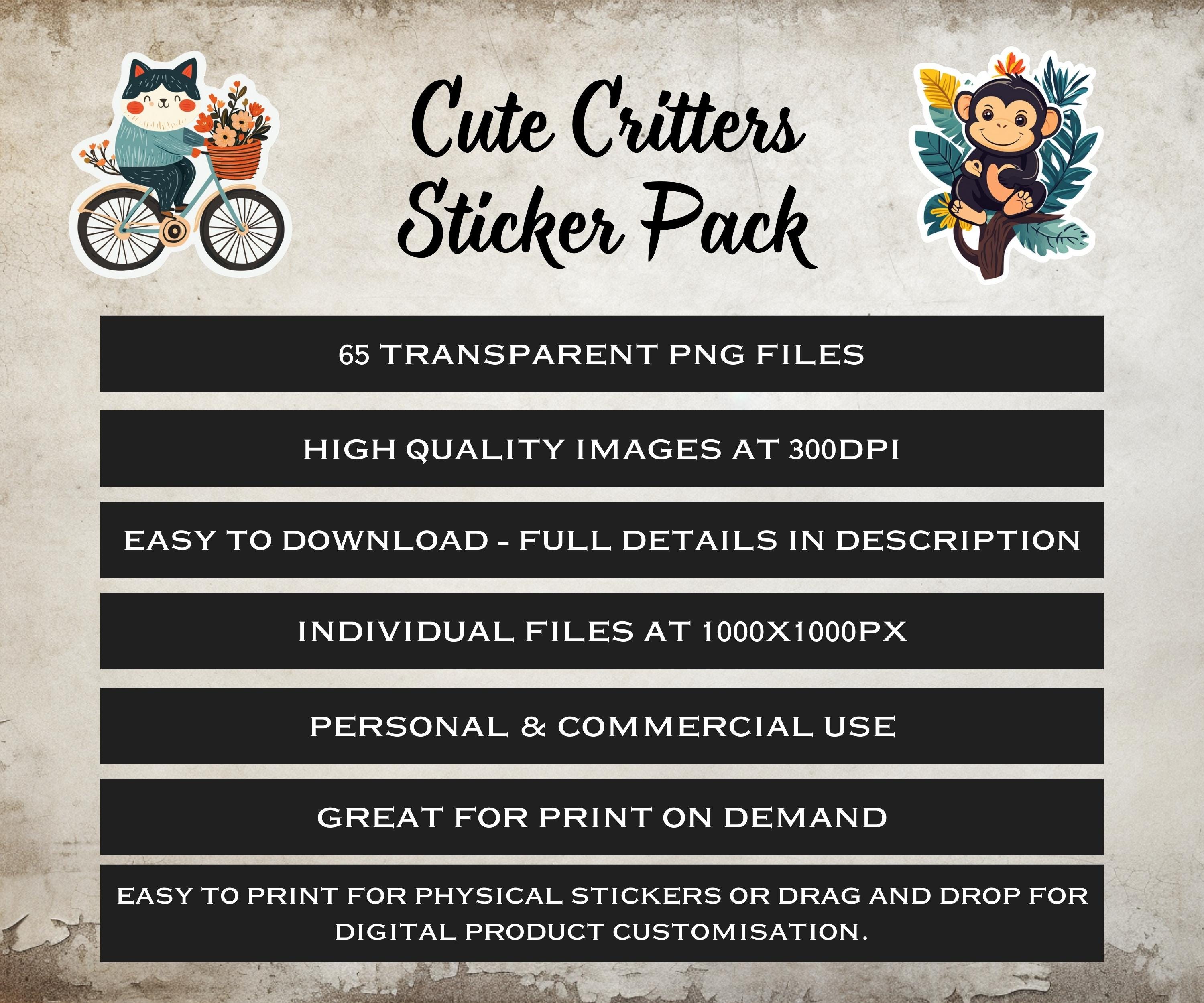 Cute Critters Sticker Pack, 65 Cartoon Animals Digital Stickers, PNG ...