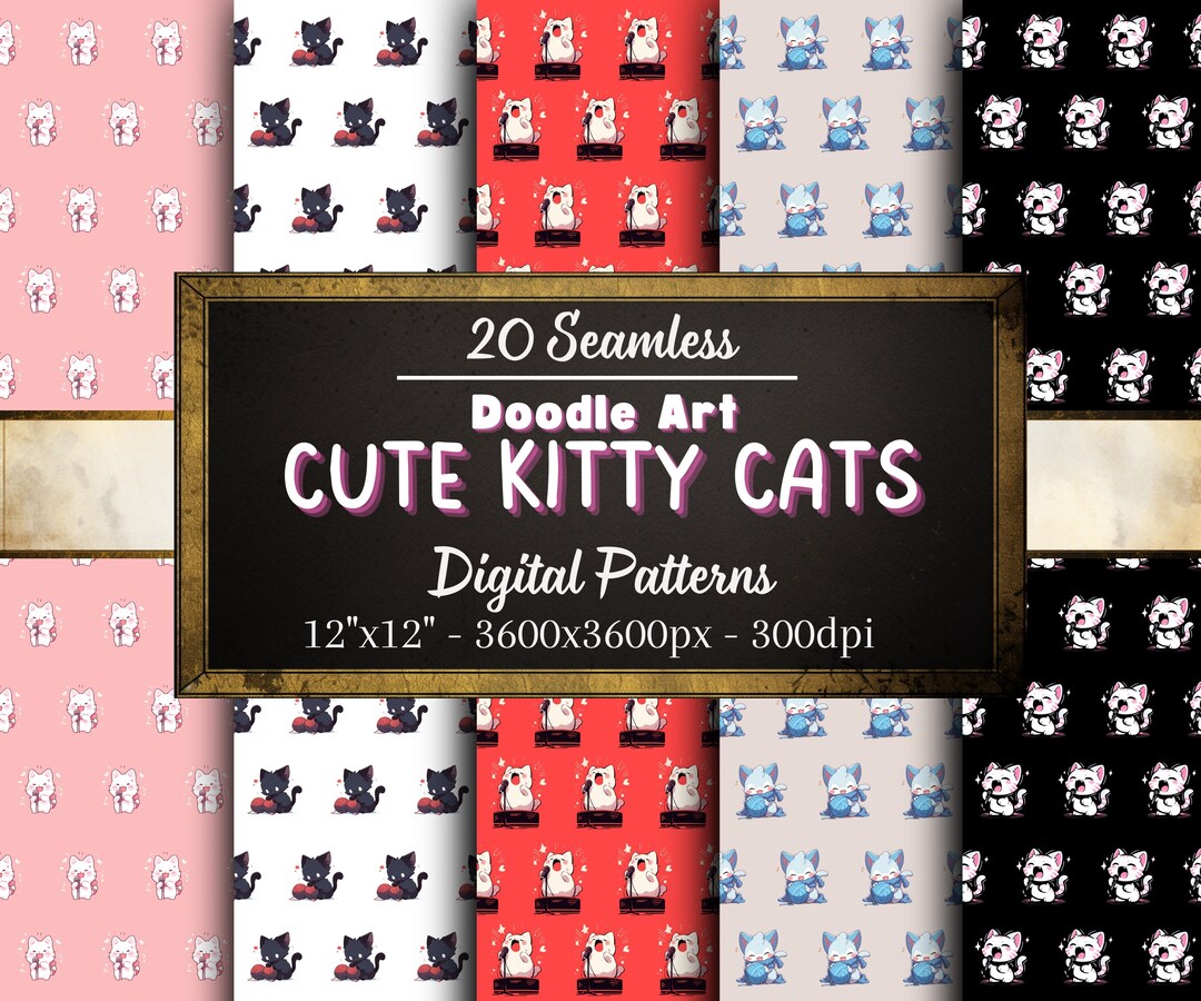 Cute Kitty Cat Patterns, 20 Cute Chibi Cats Seamless Digital Papers ...