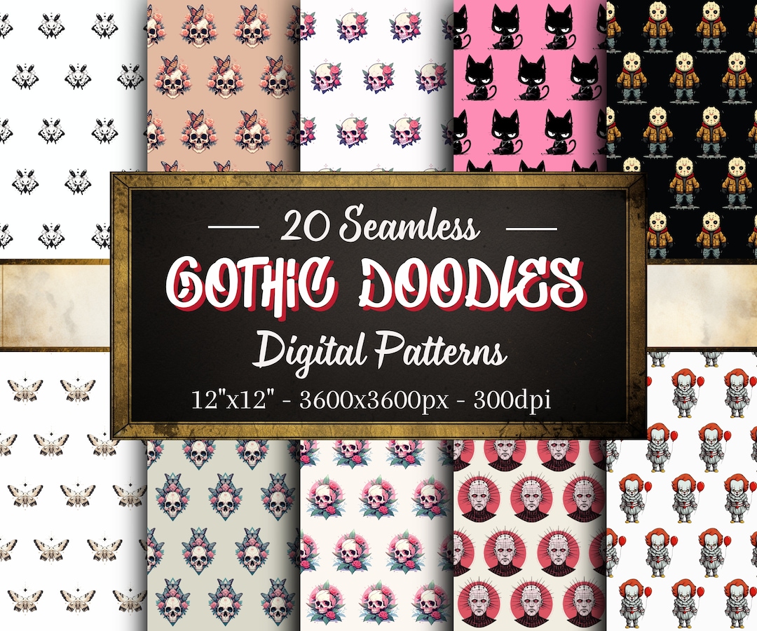 Gothic Doodle Patterns, 20 Fun Gothic Themed Seamless Digital Papers ...
