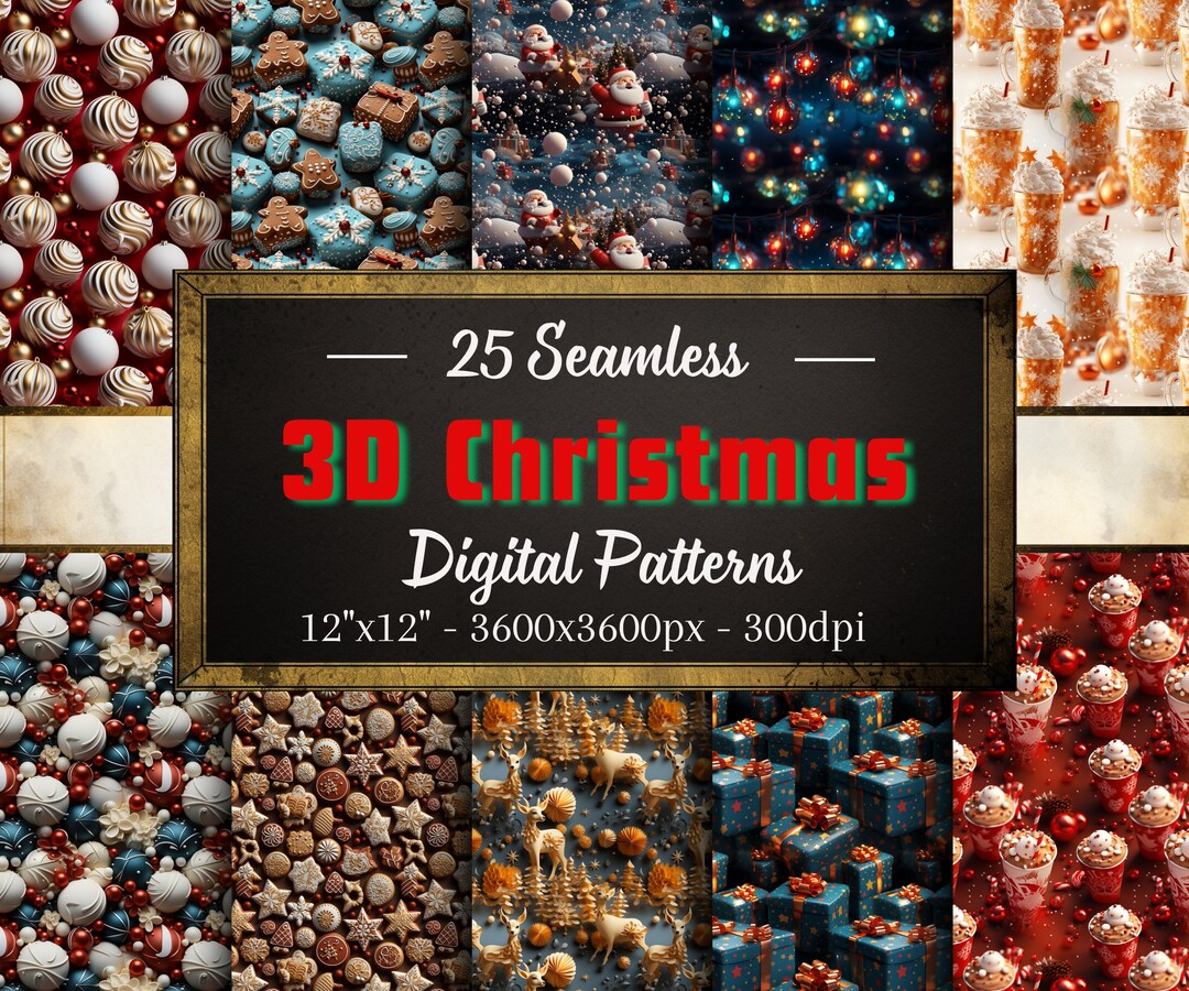 3D Christmas Patterns, 25 Festive Seamless Digital Papers, Instant ...