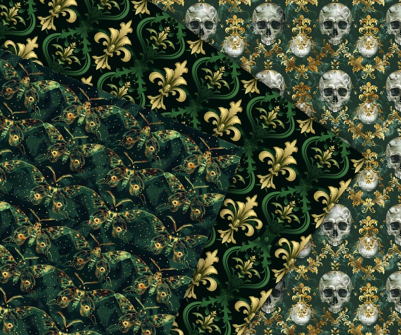 Green and Gold Gothic Patterns, 30 Gothic Seamless Digital Papers ...