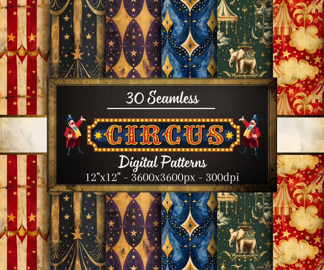 Circus Seamless Patterns, 30 Circus Digital Papers, Golden Circus ...