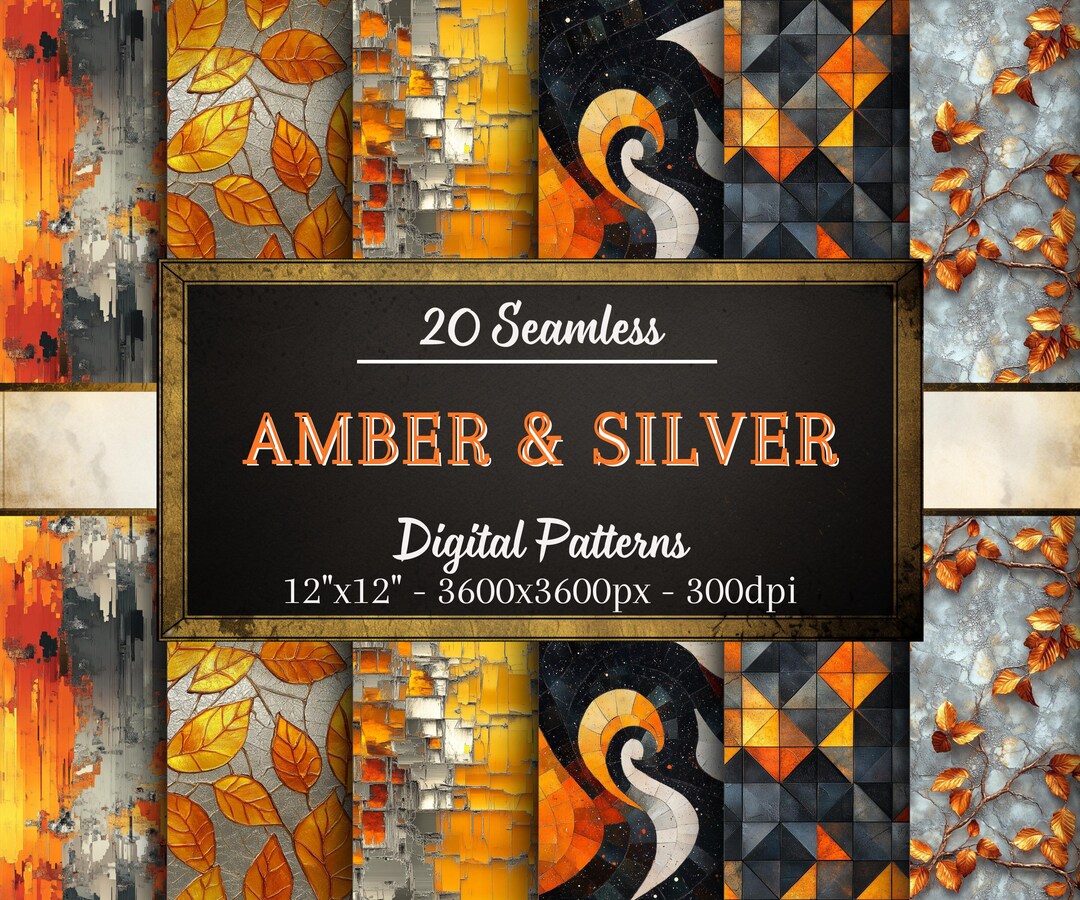 Amber and Silver Seamless Patterns, 20 Digital Papers, Amber and Silver ...
