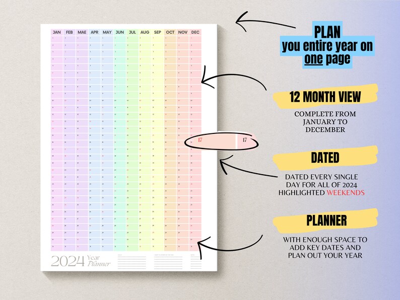 2024 Annual Year at a Glance Planner, Wall Calendar Printable, Rainbow ...