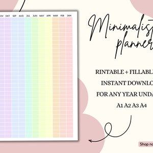 Annual Year at a Glance Planner, Wall Calendar Printable, Large Yearly ...