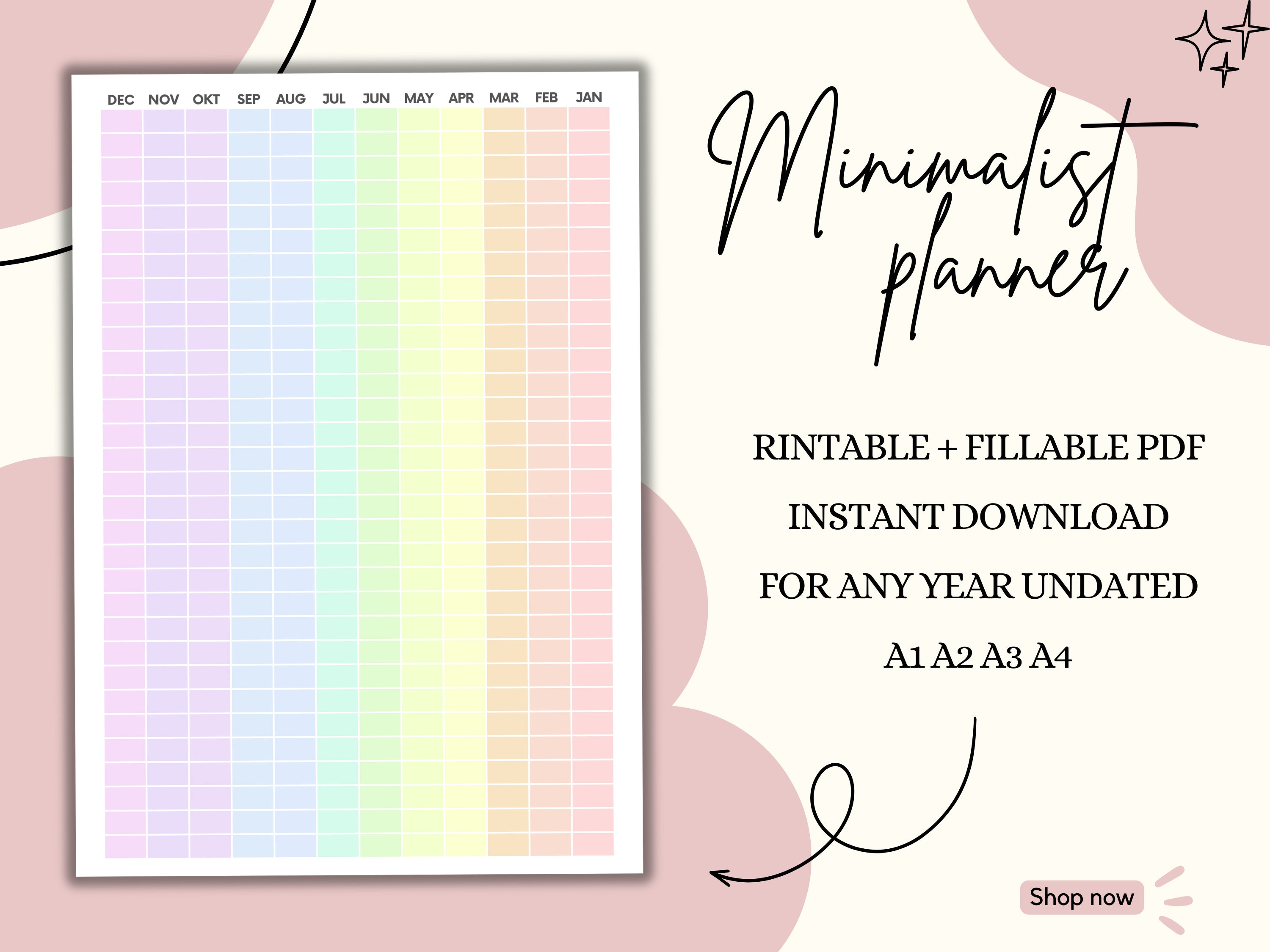 Annual Year at a Glance Planner, Wall Calendar Printable, Large Yearly ...