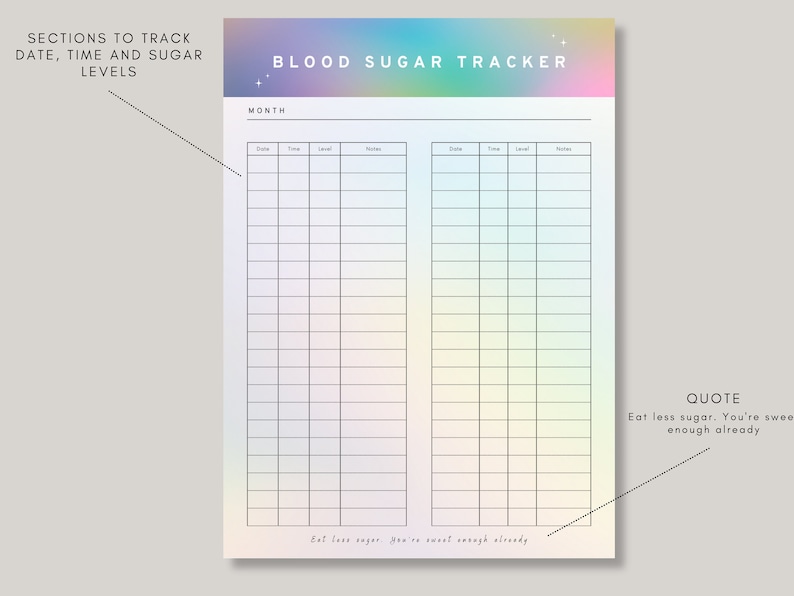 Blood Sugar Log Printable Digital Blood Sugar Cute Reading Tracker ...