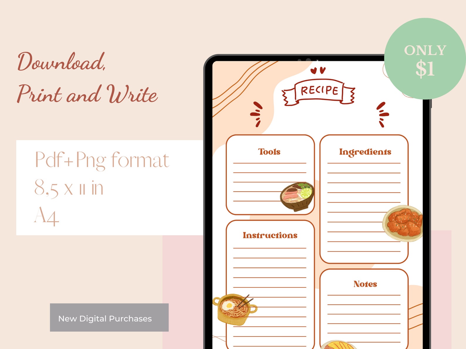 Printable Recipe Sheet Template Recipe Book Template Digital - Etsy
