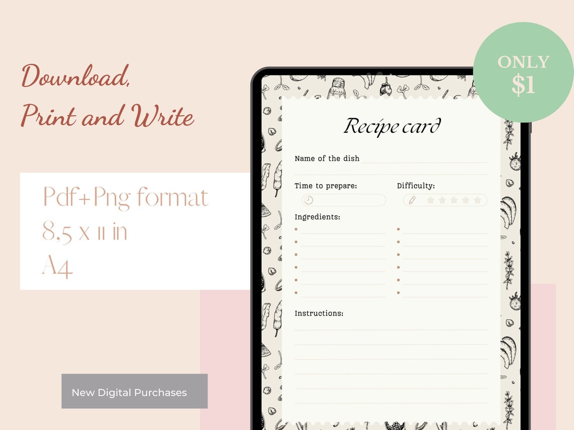 Printable Recipe Sheet Template, Recipe Book Template, Digital Recipe ...