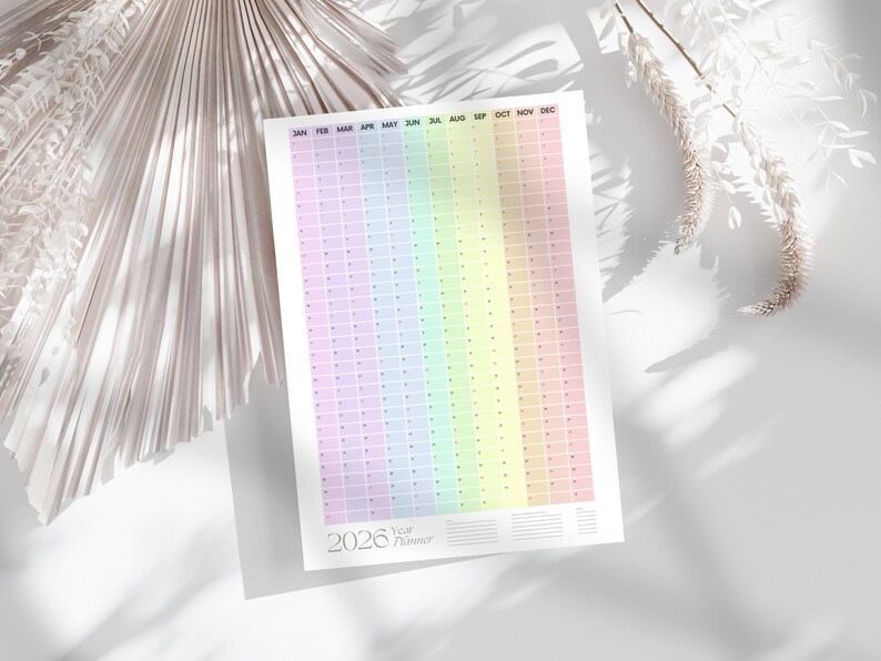 2026 Annual Year at a Glance Planner, Wall Calendar Printable, Rainbow ...