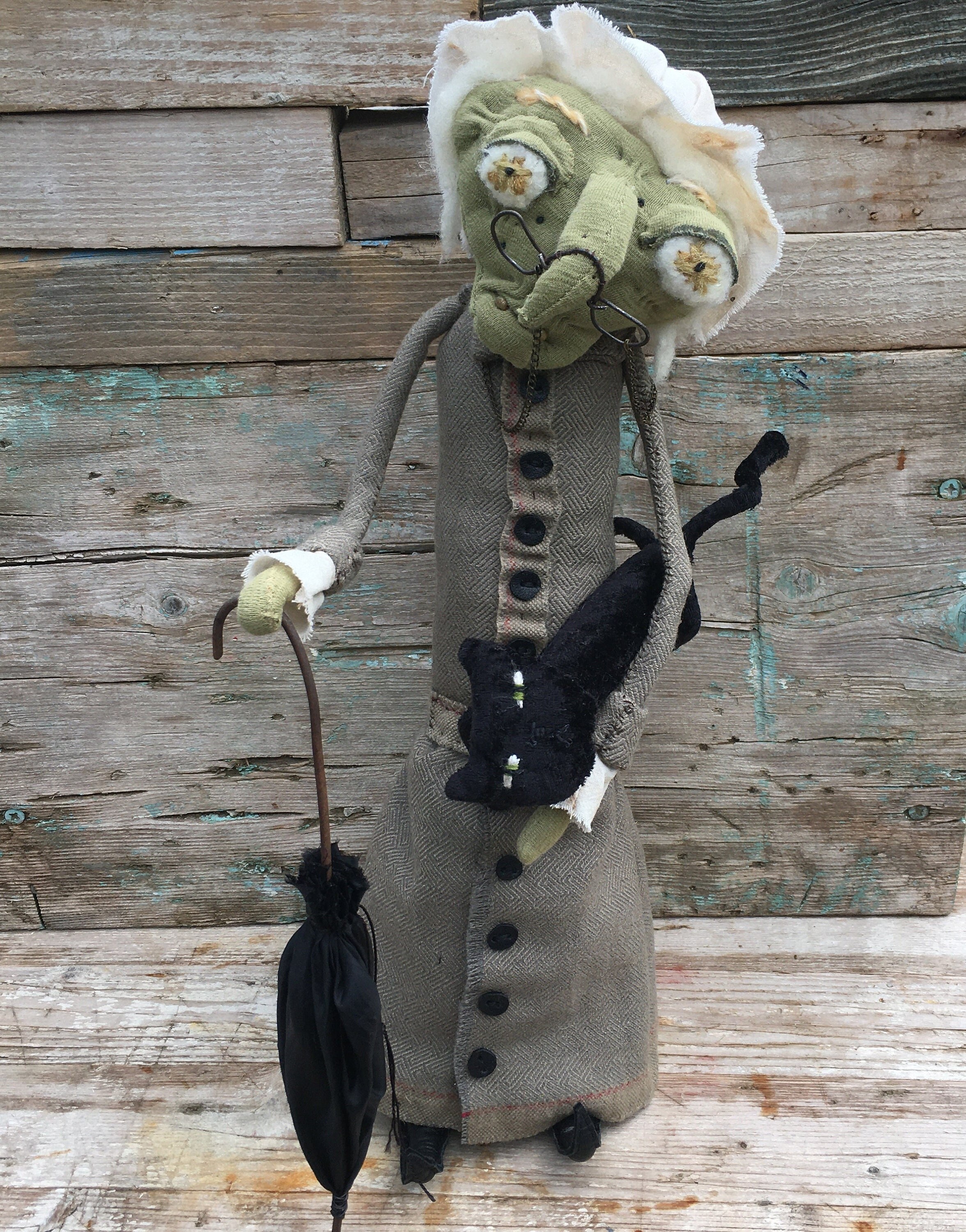 Handcraft Old Witch With Black Umbrella, Fabric, Wizard Rag Doll, Art ...
