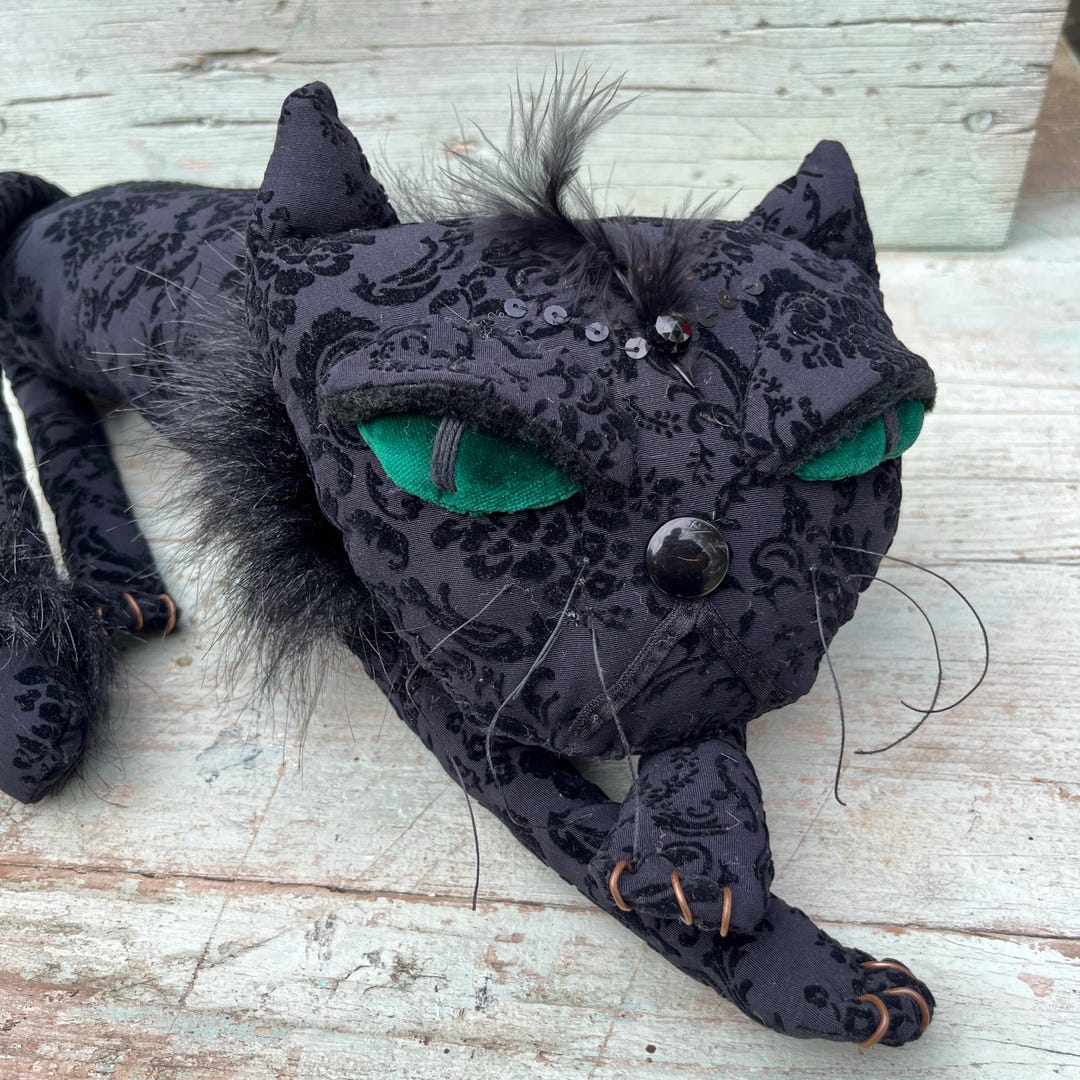 Lying Black Cat Rag Doll With Green Eyes, Halloween Black Cat - Etsy