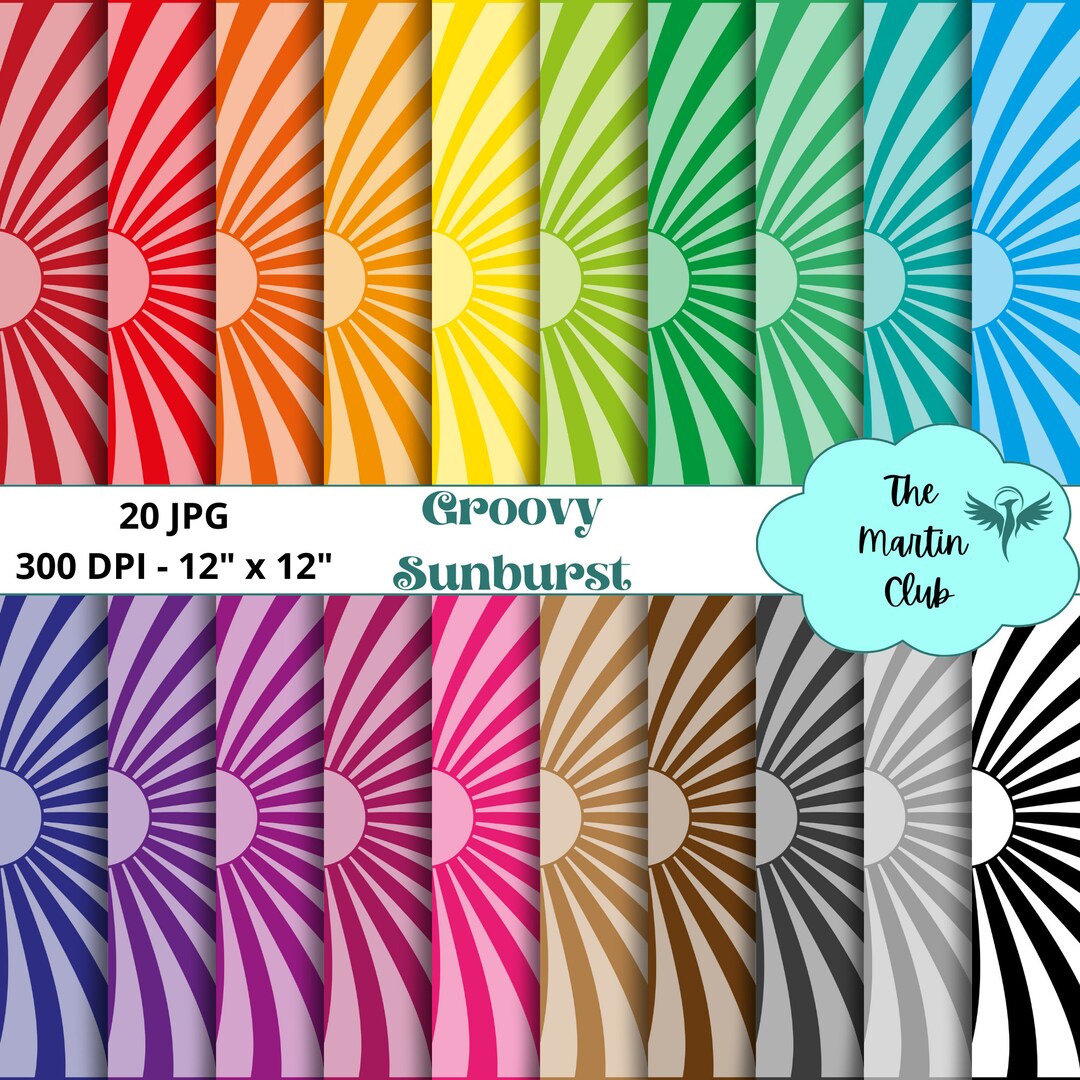 Groovy Sunburst Background Digital Papers Rainbow 60' 70' Retro ...