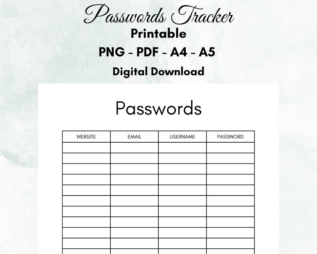 Printable Simple Password Tracker. Digital Downloads. PDF PNG A4 A5 ...