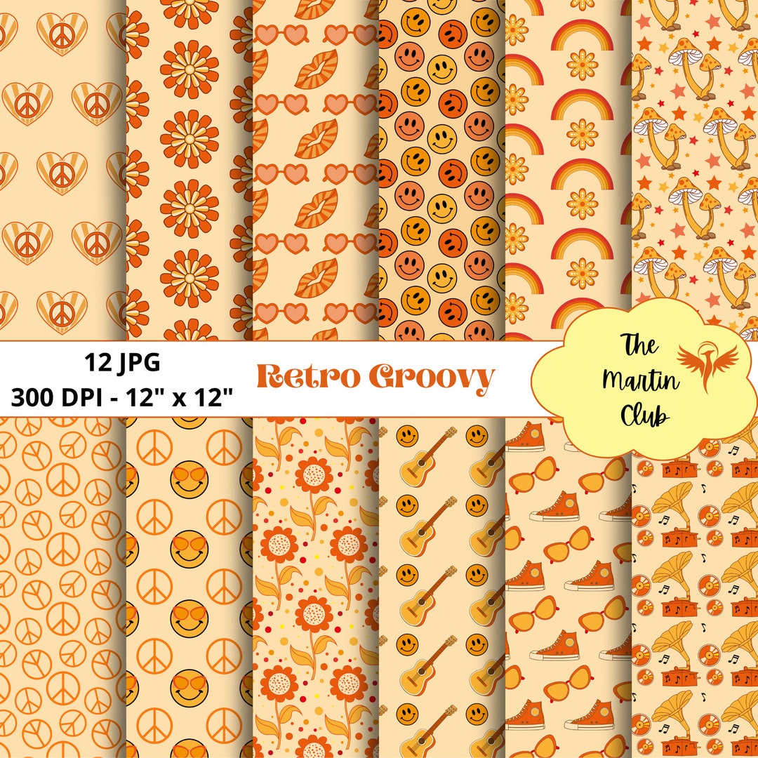 Retro Groovy Background Digital Papers Orange Groovy 60' 70' Scrapbook ...