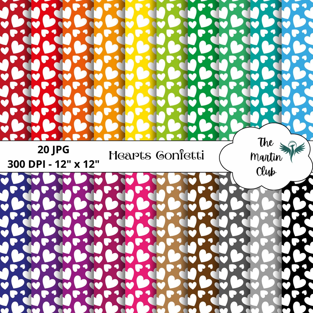 White Hearts Confetti Digital Papers Background Rainbow Hearts ...