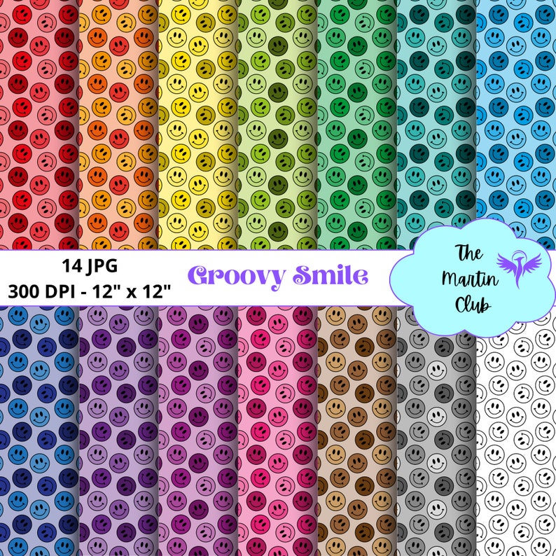 Smiley Faces Background Digital Papers Groovy Smile Scrapbook Pattern ...