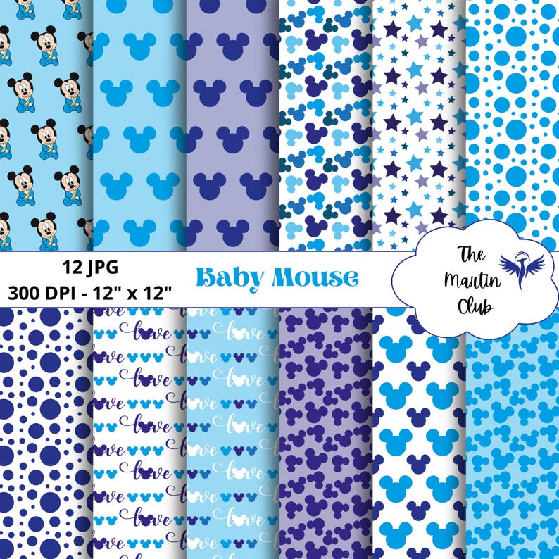 Baby Mickey Mouse Background Digital Papers Blue White Baby Mouse ...