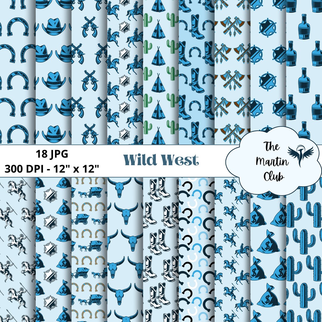 Wild West Digital Paper Blue Western Cowboy Background Scrapbook Paper ...