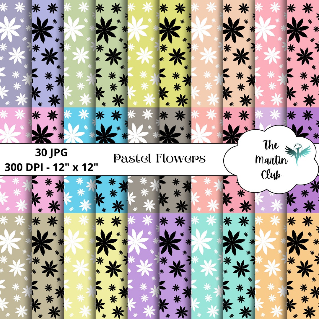 Pastel Flowers Background Digital Papers Black White Flowers Scrapbook ...