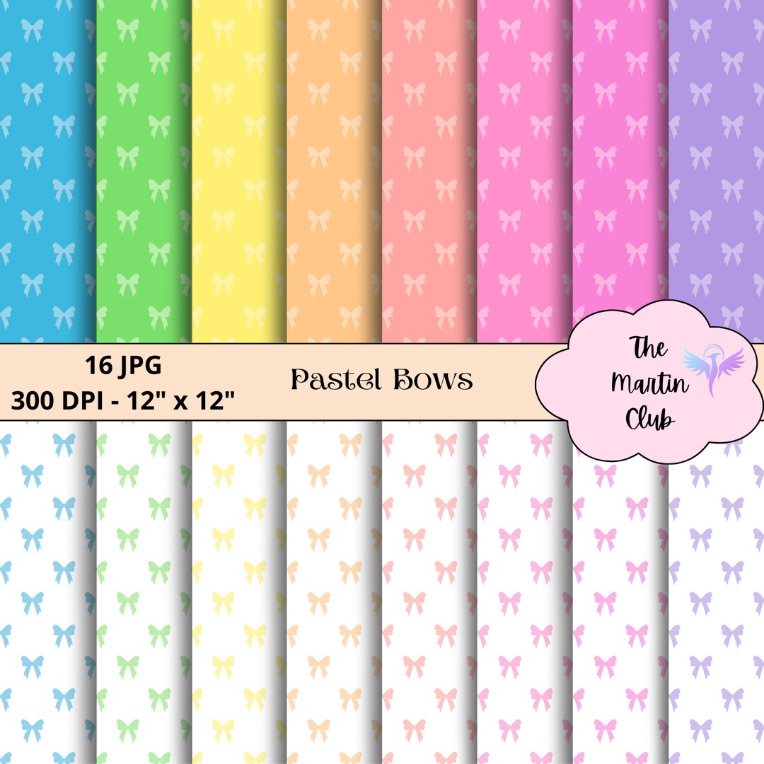 Pastel Bows Digital Paper Background Rainbow White Ribbon Scrapbook ...