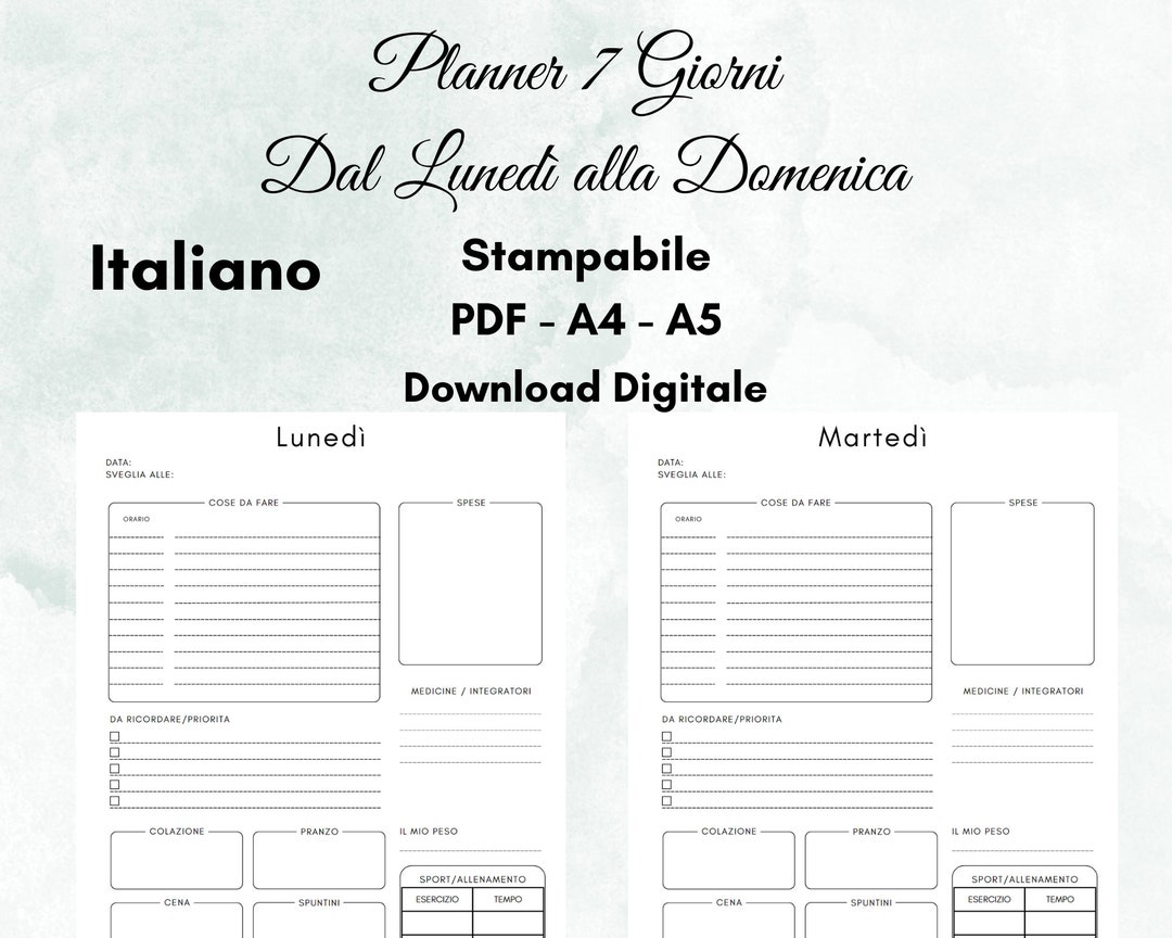 Italian Printable Daily Planner, Italian 7 Day Planner, Italian Weekly ...
