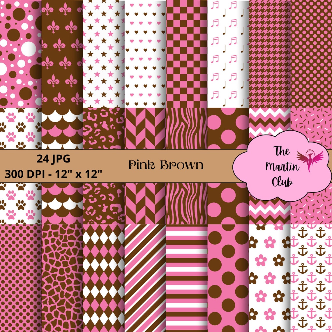 Brown Pink Digital Papers Brown Pink Pattern Scrapbook - Digital ...