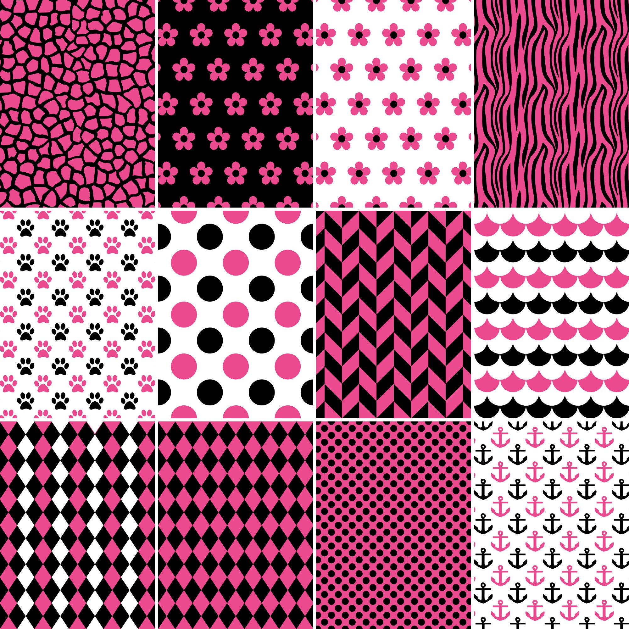 Black Pink Digital Papers Pink Black Pattern Scrapbook - Digital ...