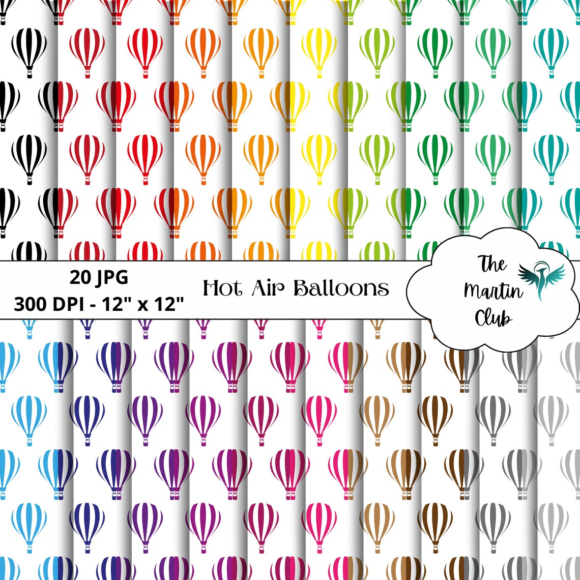Rainbow Hot Air Balloons Digital Papers White Hot Air Balloons ...