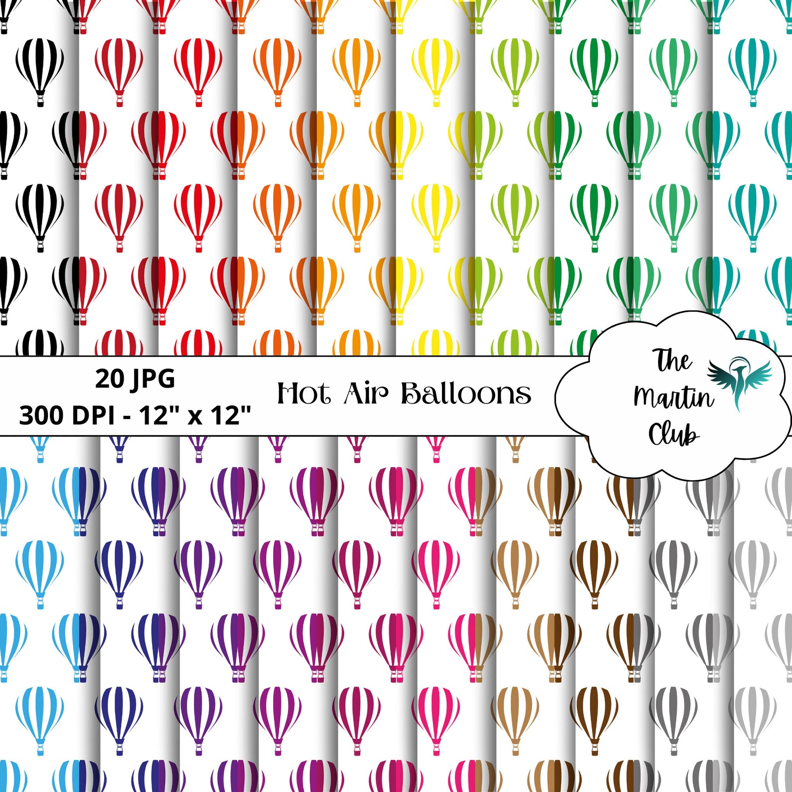 Rainbow Hot Air Balloons Digital Papers White Hot Air Balloons ...