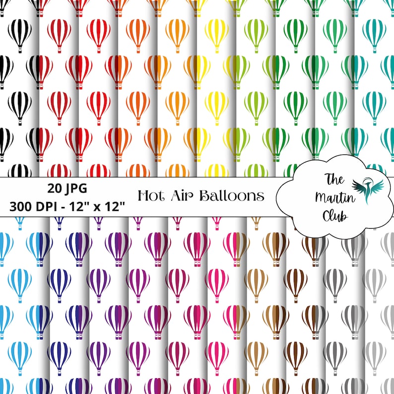 Rainbow Hot Air Balloons Digital Papers White Hot Air Balloons ...