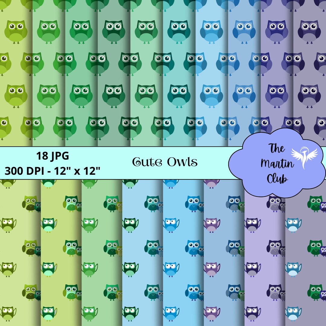 Cute Owls Background Digital Papers Green Blue Owls Scrapbook Pattern ...
