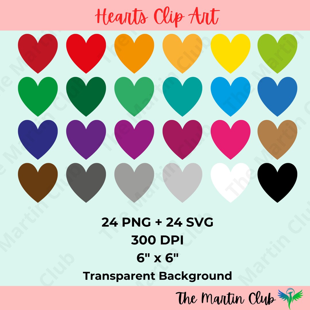Hearts Clip Art, 24 Rainbow Hearts Clip Art, PNG + SVG, 300 DPI ...